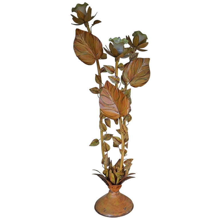 Midcentury Hand-Painted Metal Flower Floor Lamp with Glass Flower ...