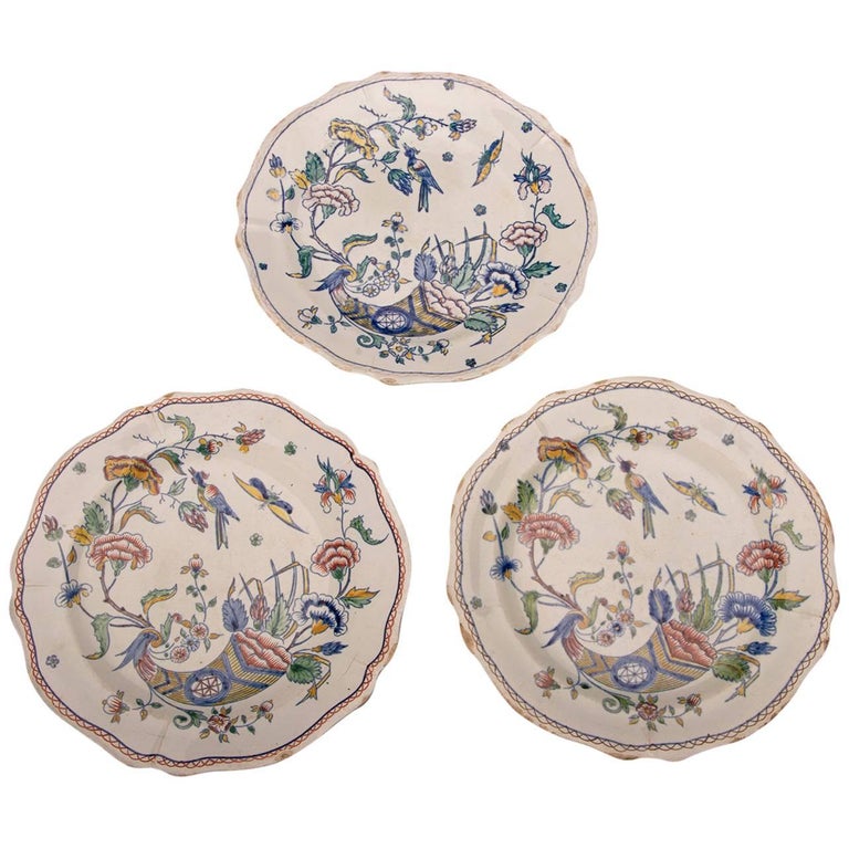 Three Antique French Gien Hand-Painted with Scallop Edge Plates, circa ...