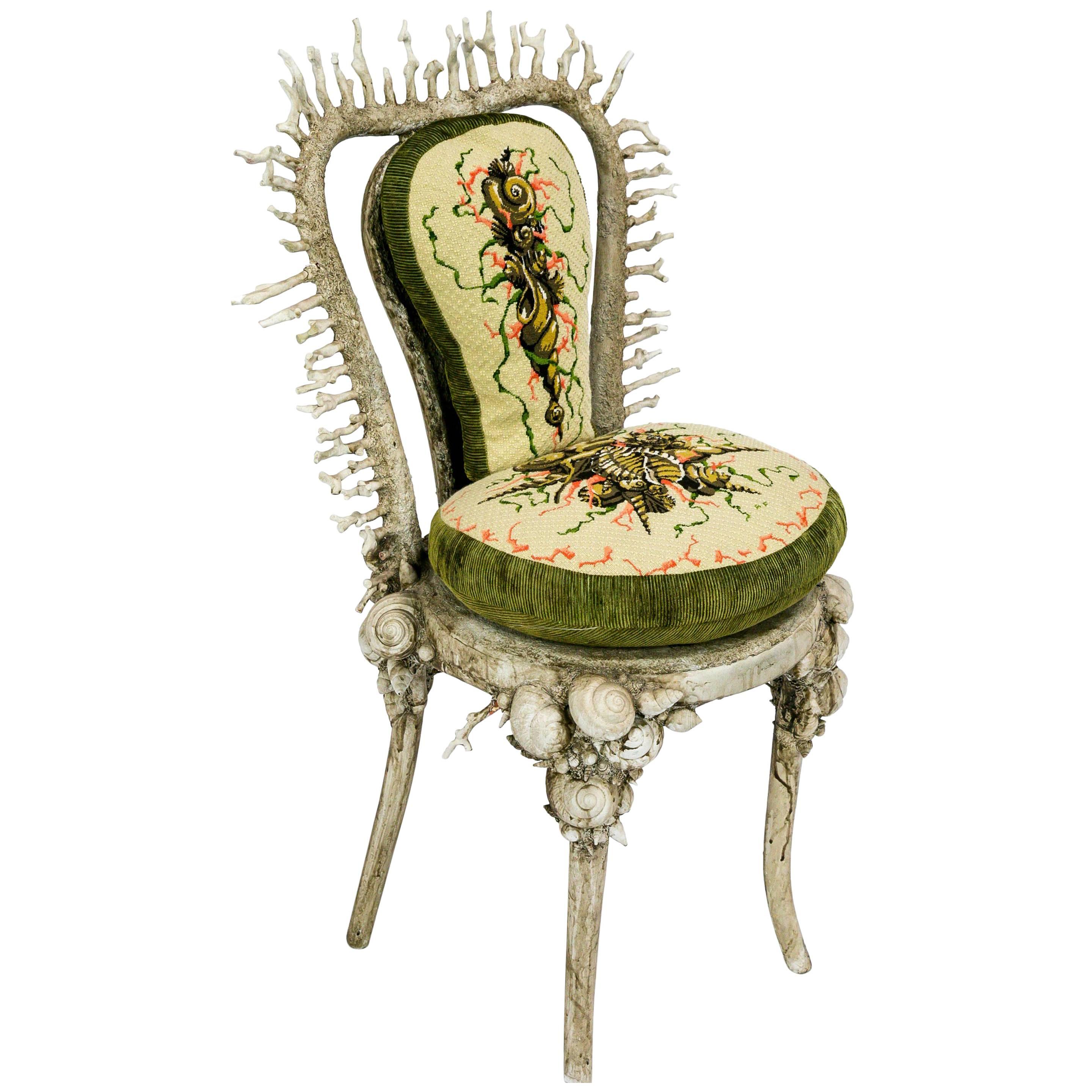 White Fantasy Shell and Coral Chair with Embroidered Pillow at 1stDibs
