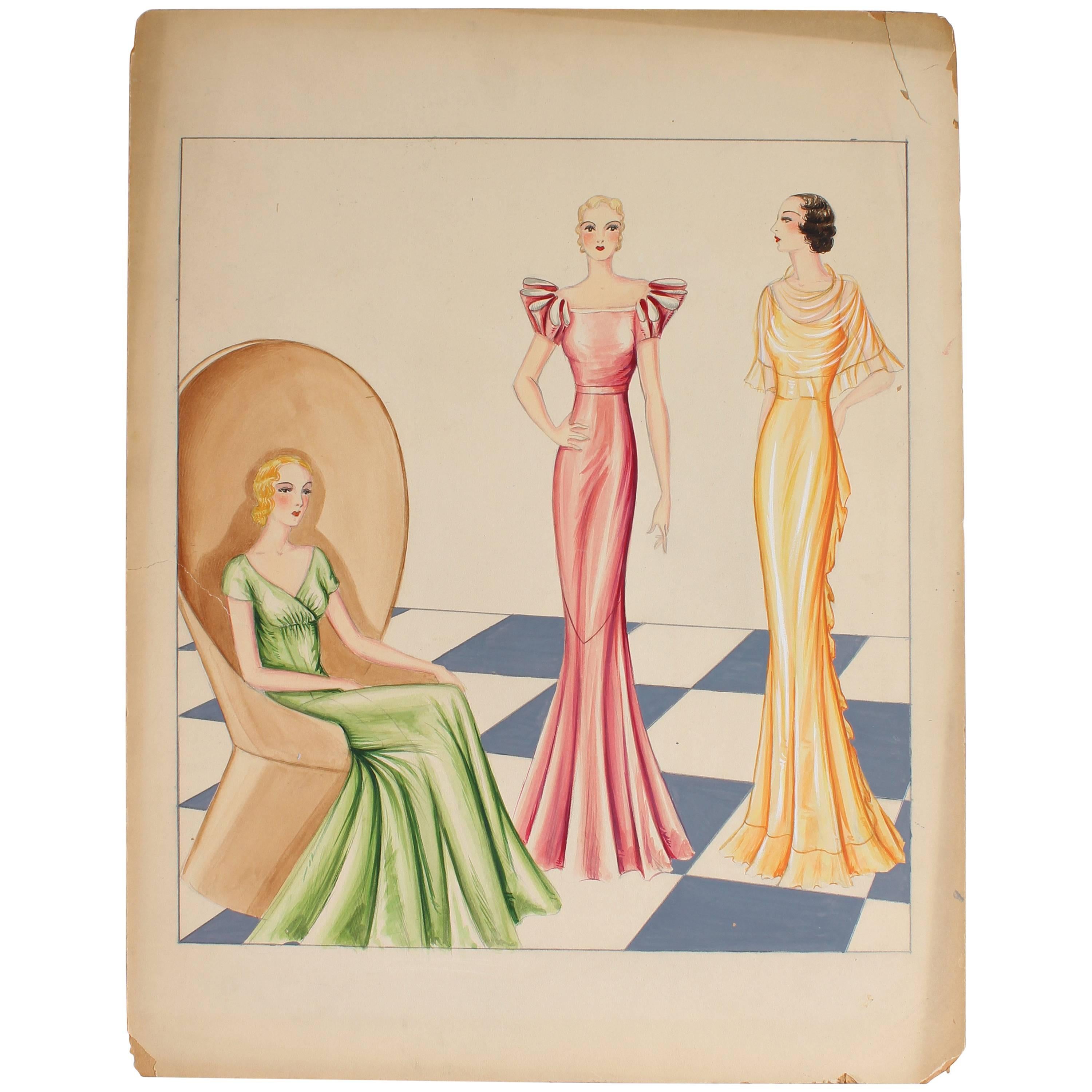 Color Fashion Illustration by Emma Shields, circa 1940 For Sale at 1stDibs