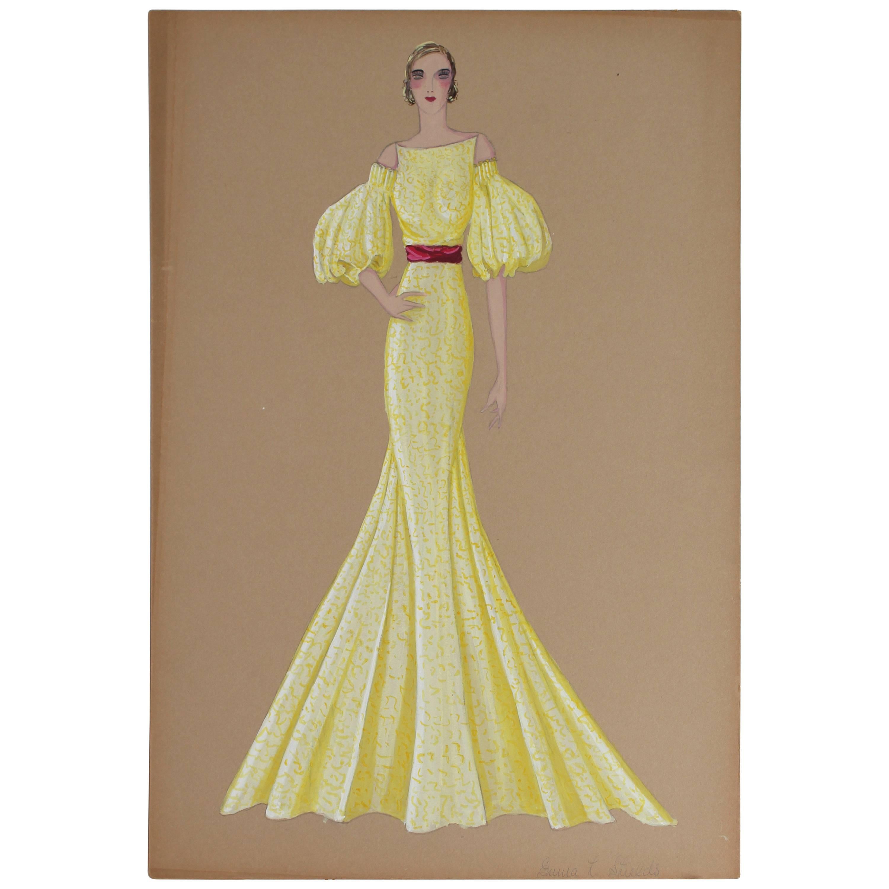 Color Fashion Illustration circa 1940 by Emma Shields For Sale at 1stDibs