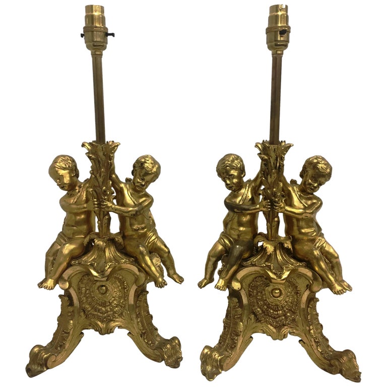 Pair of 19th Century Gilded Ormolu Lamps For Sale at 1stDibs