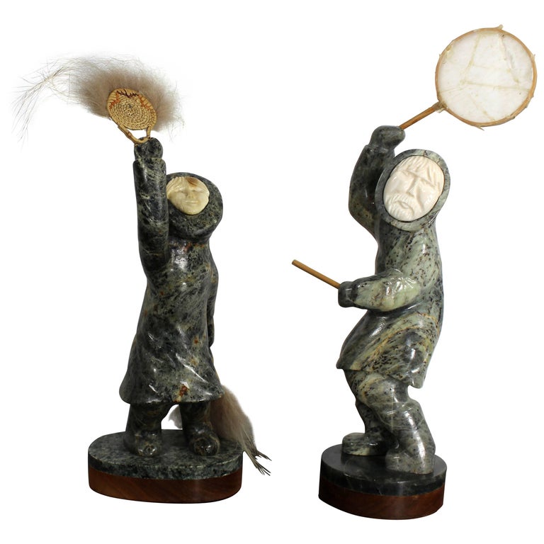 Modern Pair of Eskimo Soapstone and Tusk Carving Table Sculptures ...