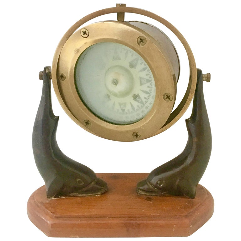 Antique Brass Liquid Nautical Ships Compass Double Dolphin and Wood ...