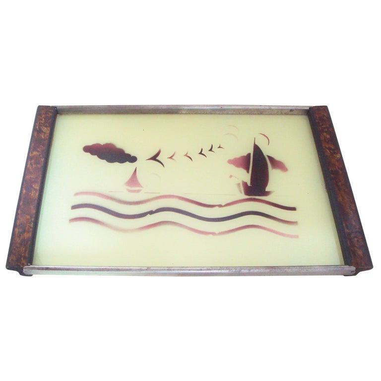 German Bauhaus Spritzdekor Chrome, Wood and Reverse Painted Glass ...