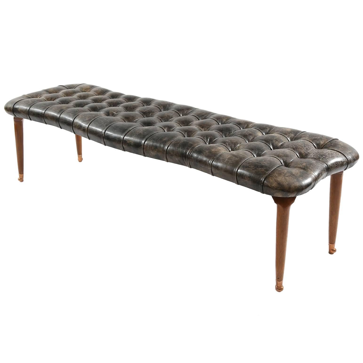 Leather Olive Wood and Copper Bench at 1stDibs