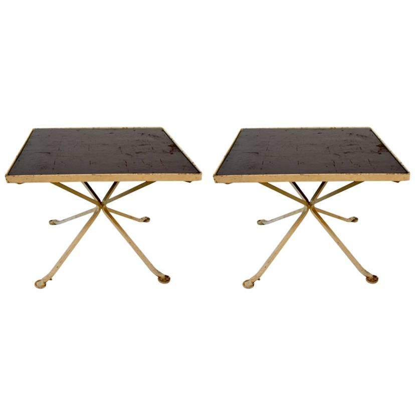Pair of Woodard Glass Top Wrought Iron Side Tables For Sale at 1stDibs
