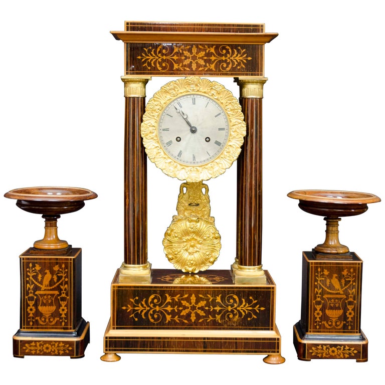 19th century French Portico Clock set with Urns, Rosewood and Lemonwood ...