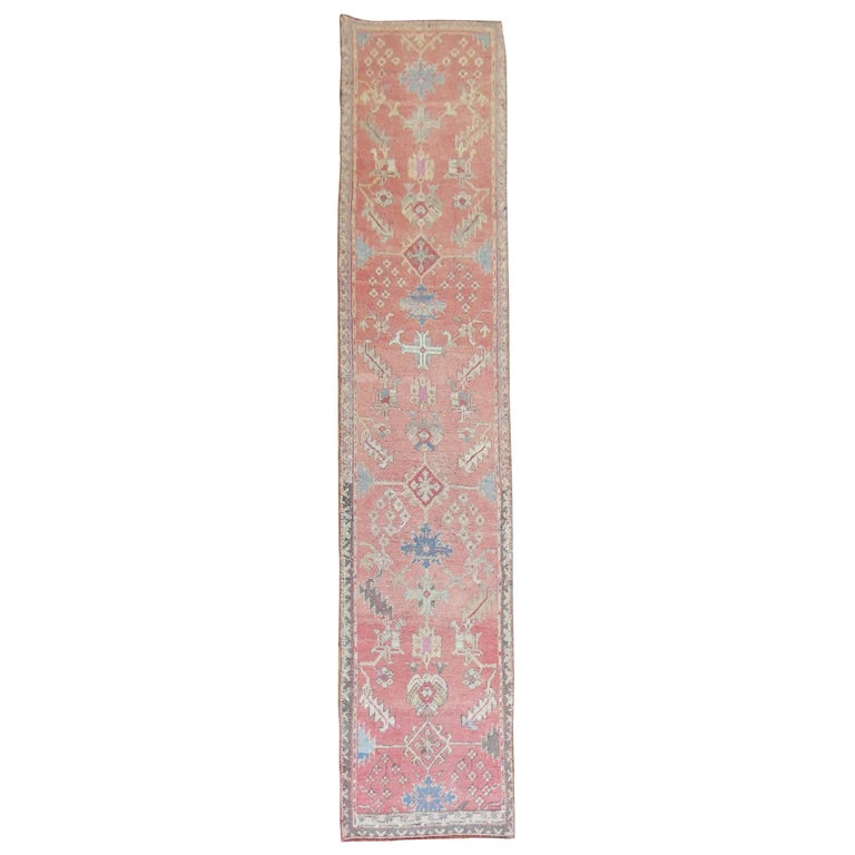 Pink Antique Turkish Oushak Runner For Sale at 1stDibs
