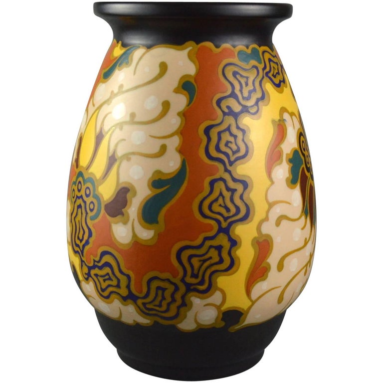 Large Hand-Painted Gouda Regina Floral Vase in 20th Century Design at ...