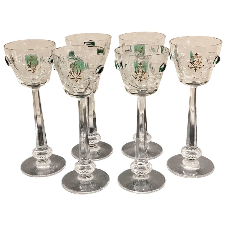 Four Antique Moser Wine Glasses, Cut and Hand Decorated with Quatrefoil ...
