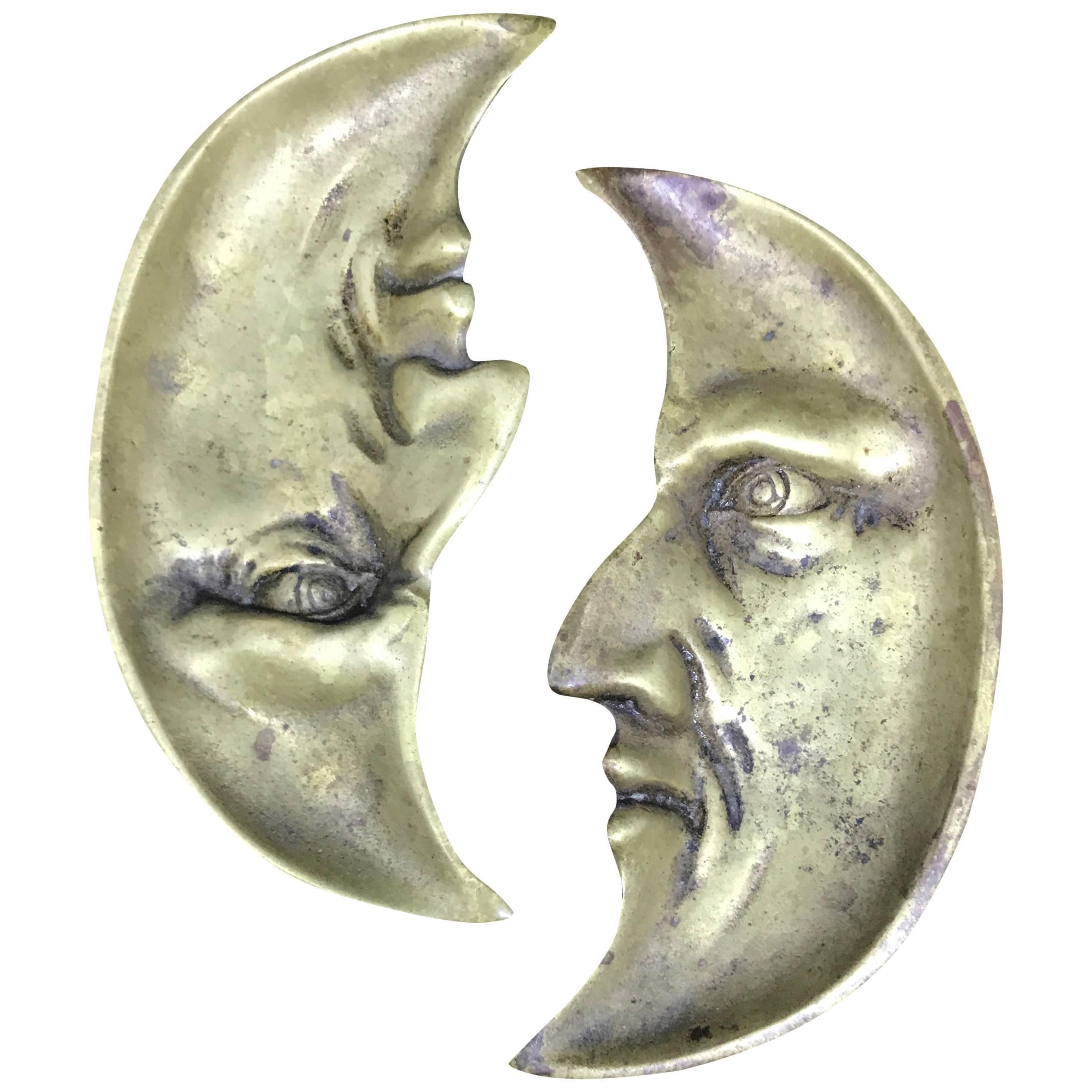 Rare Pair of 1940s American Bronze Moon Face Dishes For Sale at 1stDibs