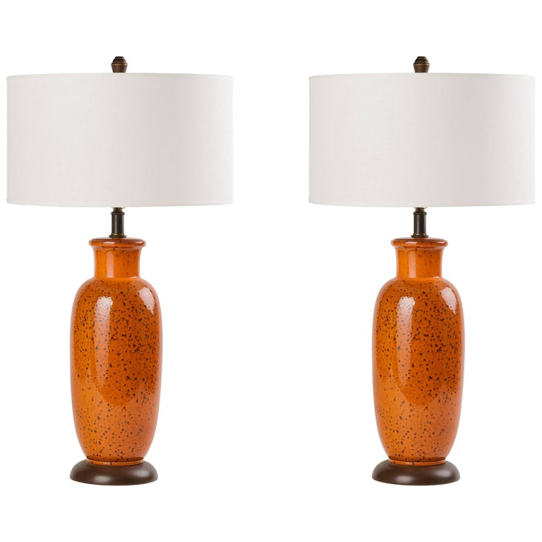 Pair of Mid-Century Modern Pottery Lamps in Burnt Orange at 1stDibs