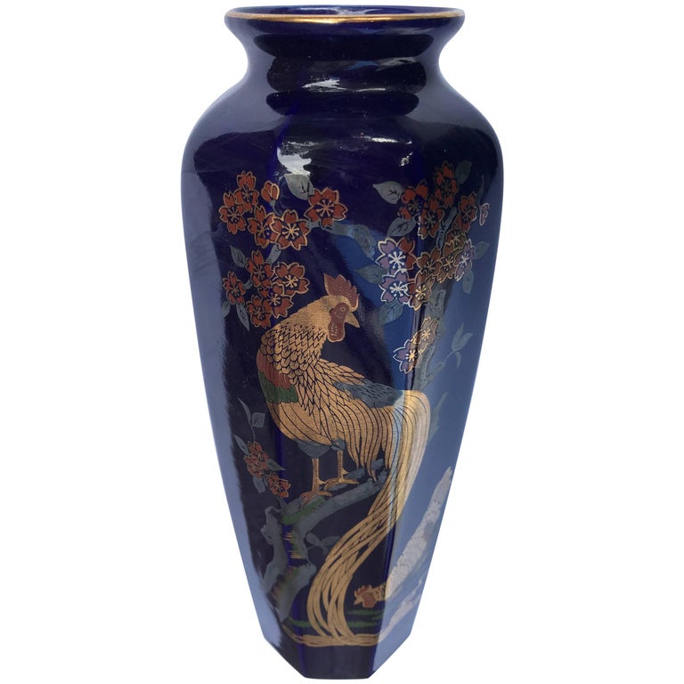 Japan Brilliant Gold Hand-Stencilled and Painted Blue Bird Vase, Mint ...