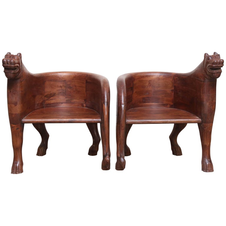 Pair of Midcentury Solid Teak Wood Leopard Chairs from Hunting Lodges ...