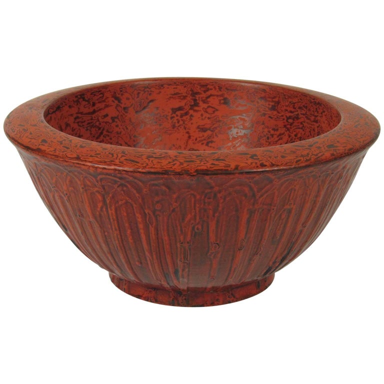 Midcentury Japanese Red Marbleized Lacquer Wide Rimmed Bowl For Sale at ...