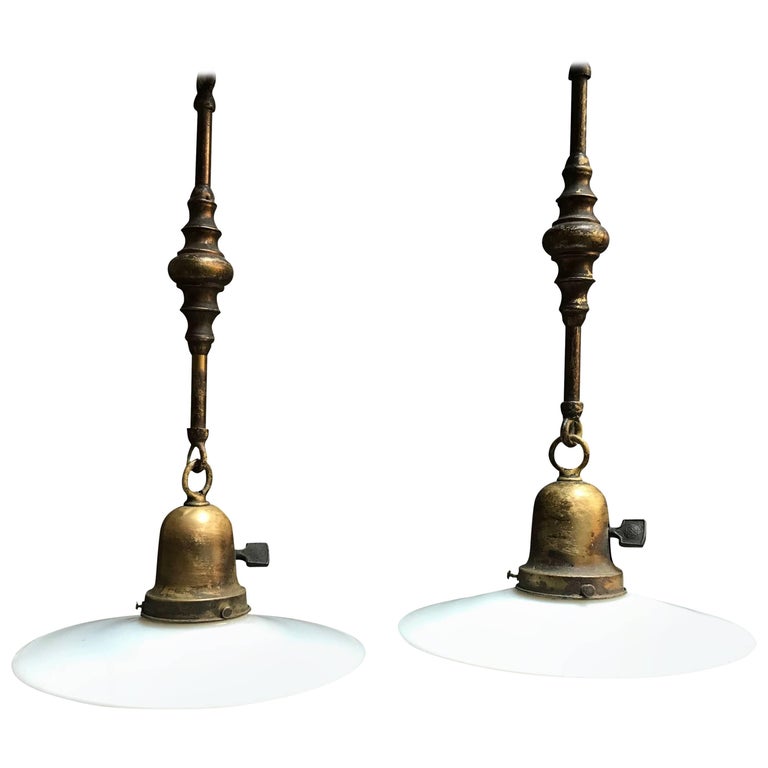 Milk Glass Disc Ornate Brass Stem Pendant Lights At 1stdibs Discornate Milk Glass Pendant Lights