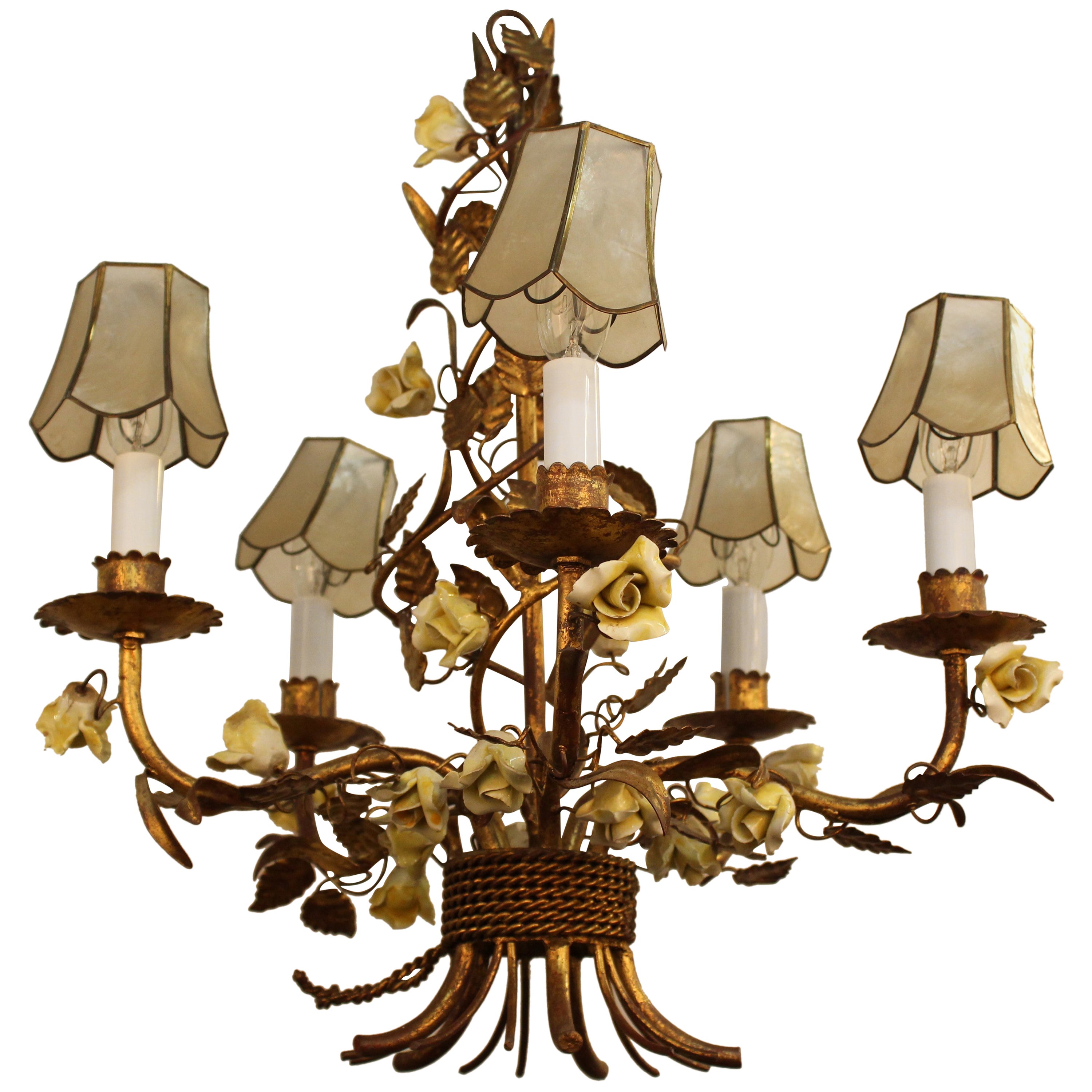 French Gilt and Enamel Painted Tôle Chandelier with Large Cream Roses ...