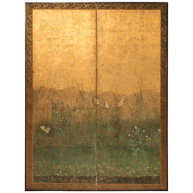 Japanese Two Panel Screen: Wisteria on Gold at 1stdibs