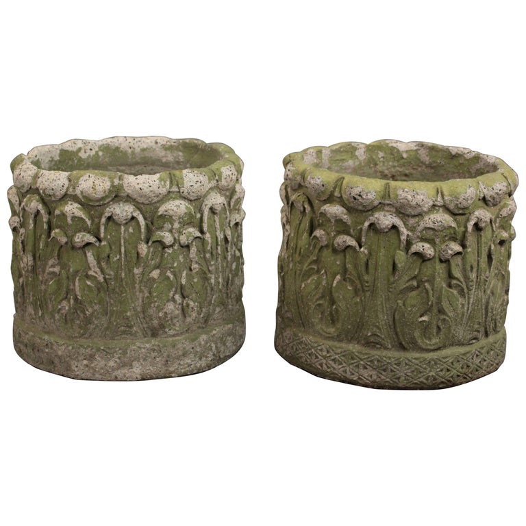 Antique Pair of 1920s Concrete Planters with Acanthus Motif at 1stDibs