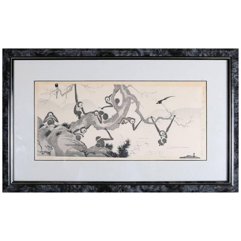 Antique Chinese Black Work Print "Monkeys by Seashore", Chop Mark ...