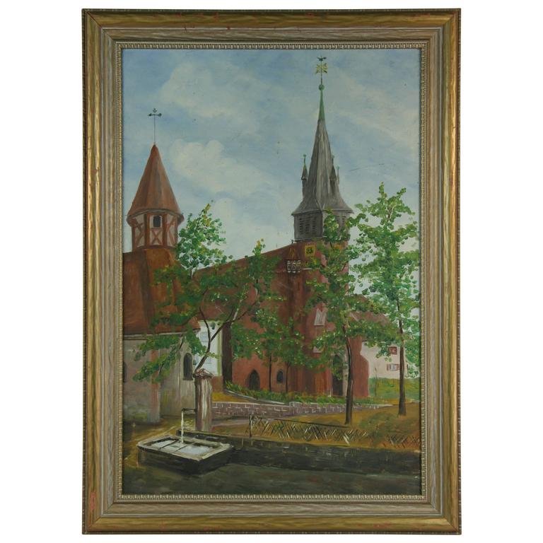 French Village Square Painting For Sale at 1stDibs