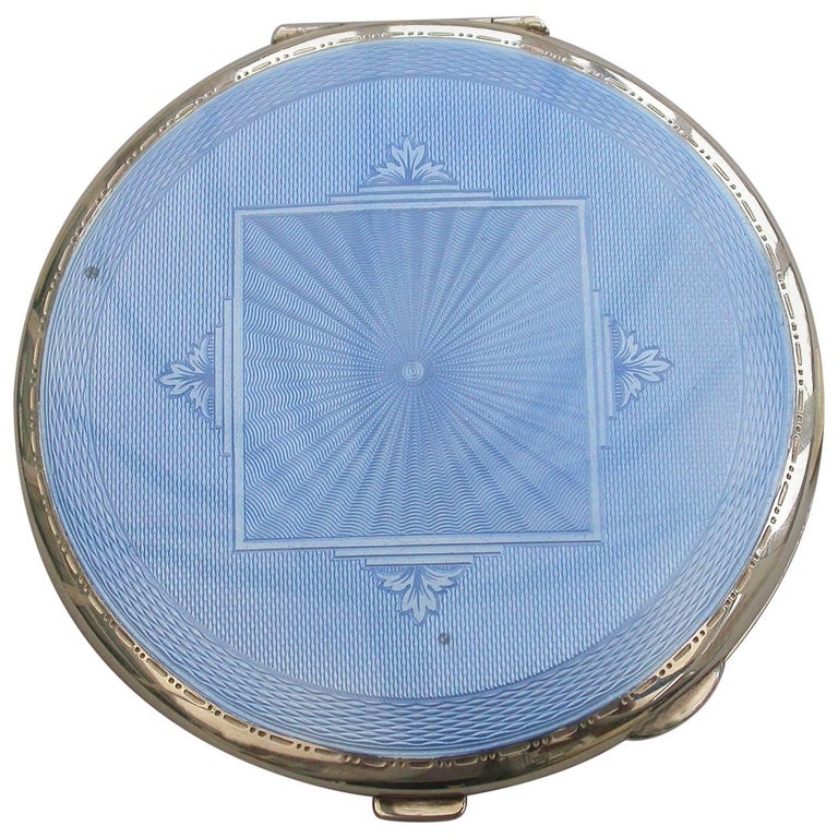 Large Mid-20th Century Silver and Sky Blue Guilloche Enamel Art Deco ...