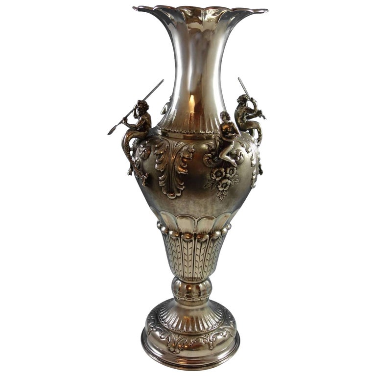 Large Italian Sterling Silver Tall Vase of Greek Mythology Poseidon ...