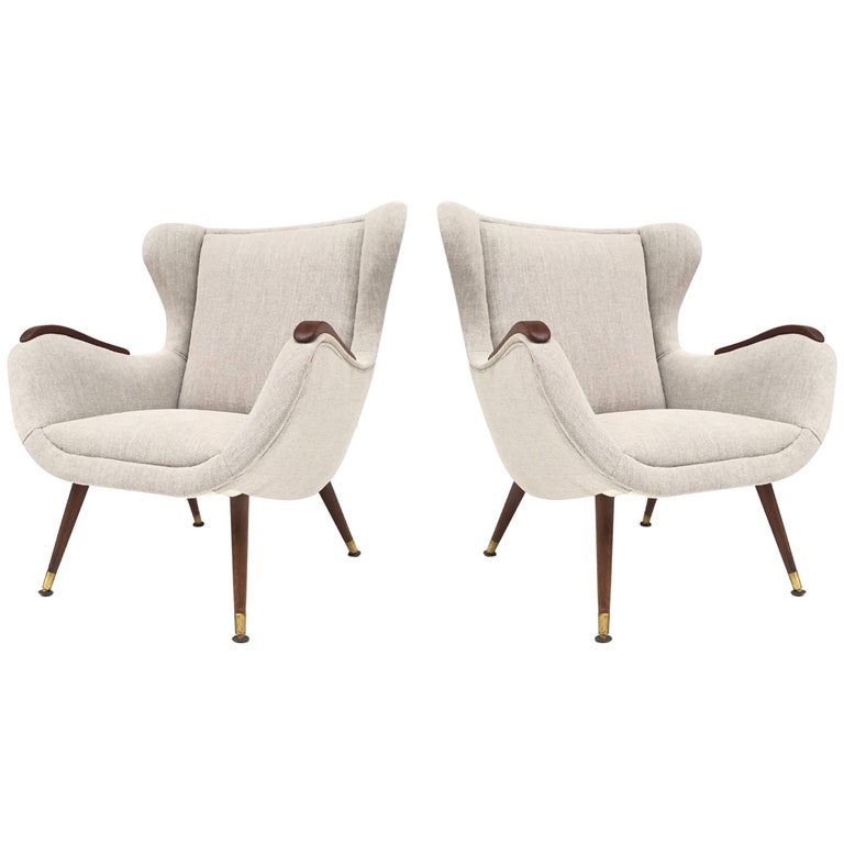 Pair of Danish Teak and Brass Organic, 1950s Wingback Easy Chairs ...