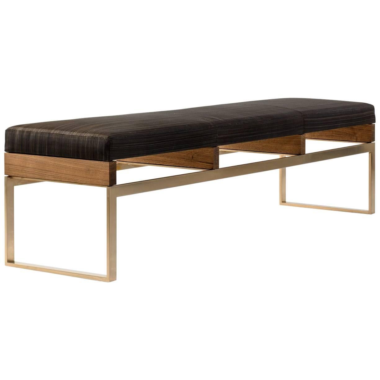 Lennox Bench, Walnut Legs, Orange Velvet, Leather Seat with Belt Detail ...