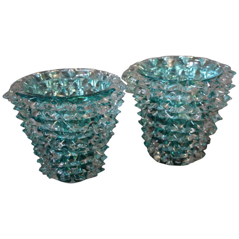 Turquoise Blue Vase in Murano Glass with Spikes Decor, Barovier Style ...