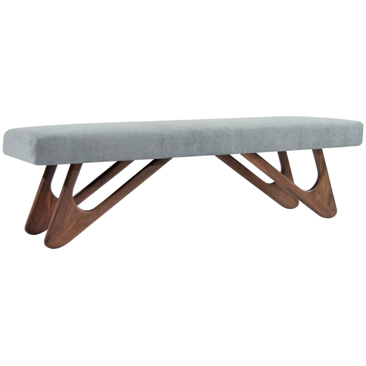 Walnut Boomerang Bench in Grey Chenille at 1stDibs