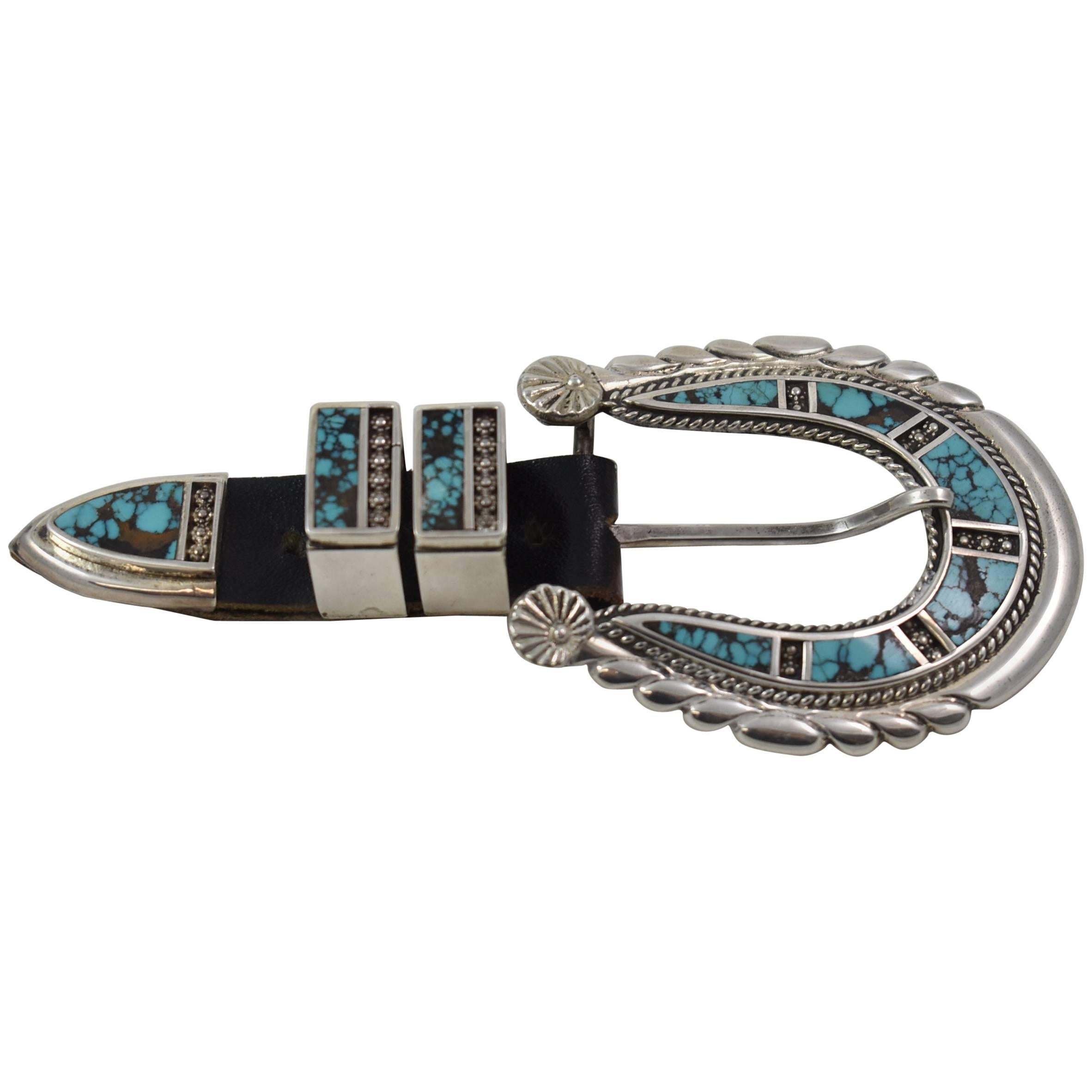 Sterling Silver Turquoise Zuni Ranger Buckle Set Griffin Evangeline ...
