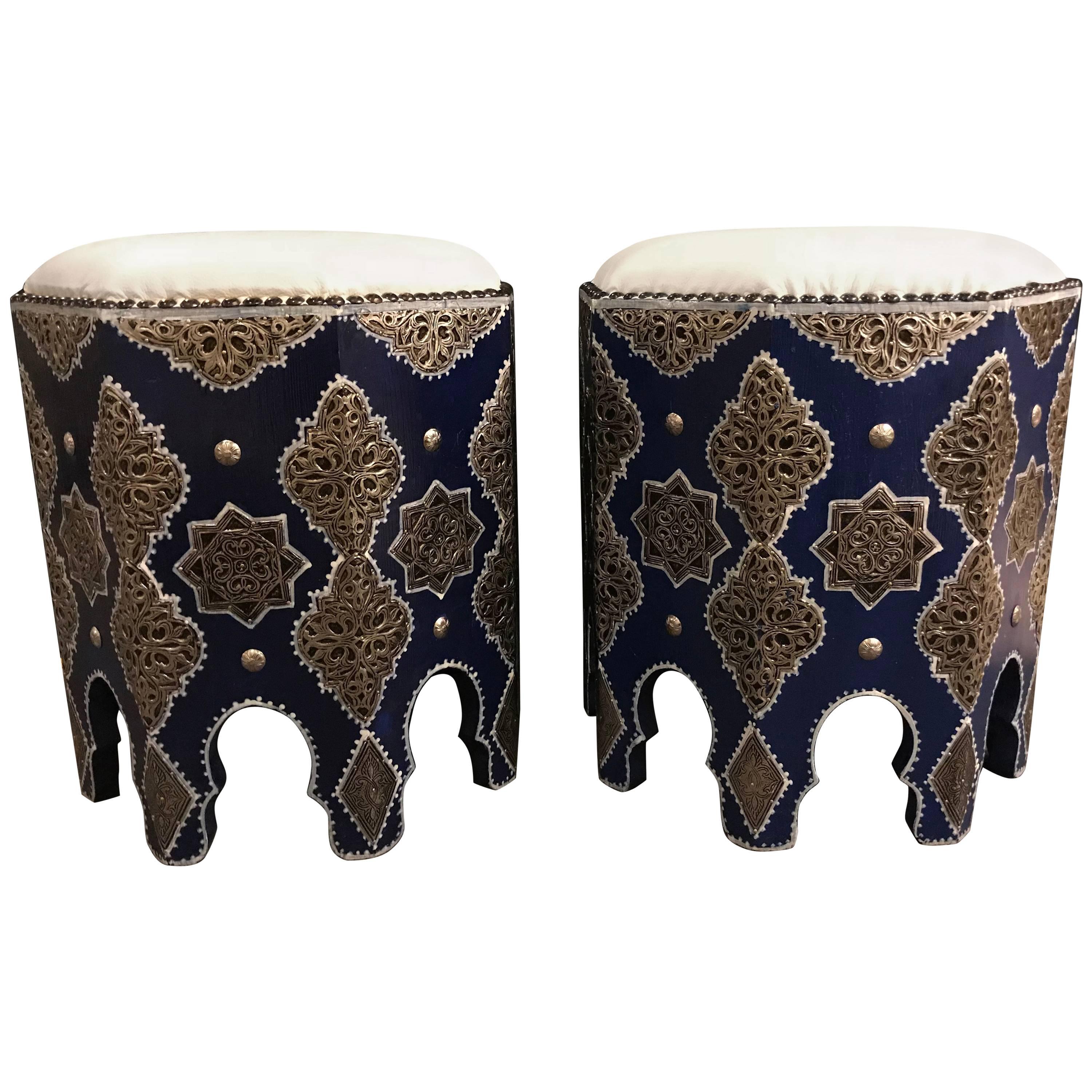 Pair of Moroccan Silver Metal Inlaid Stools with White Leather at ...