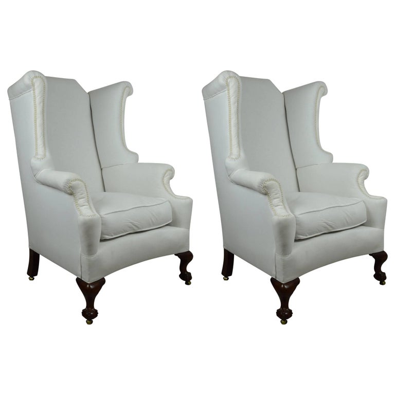 Pair of Antique Georgian Style Wingback Chairs with Mahogany Claw and ...