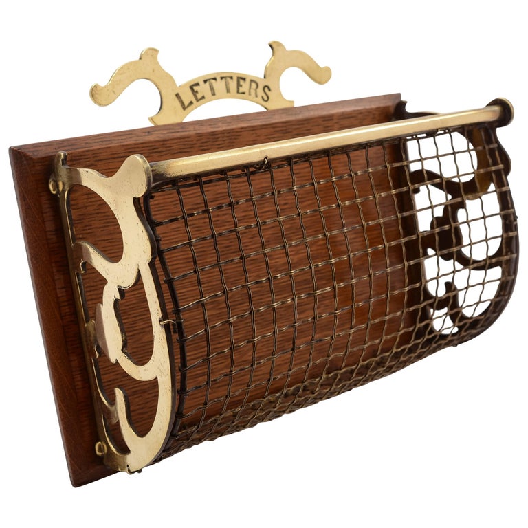 Edwardian Wall Brass and Oak Letter Rack, circa 1905 at 1stDibs