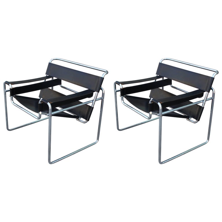 Pair of Modern Black Leather and Chrome Wassily Stendig Style Lounge ...