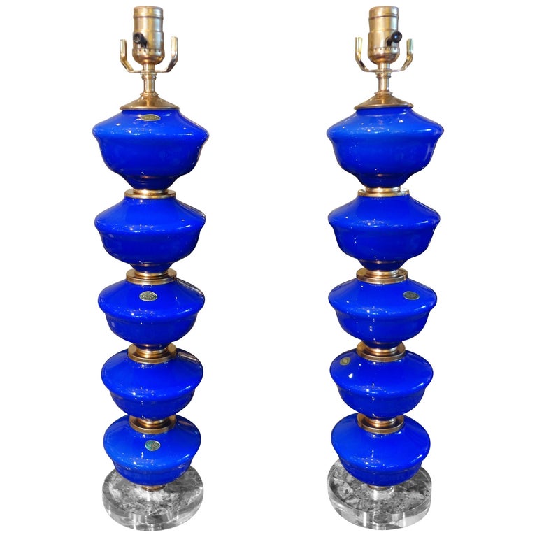 Pair of Cobalt Blue Murano Glass Lamps by Balboa For Sale at 1stdibs