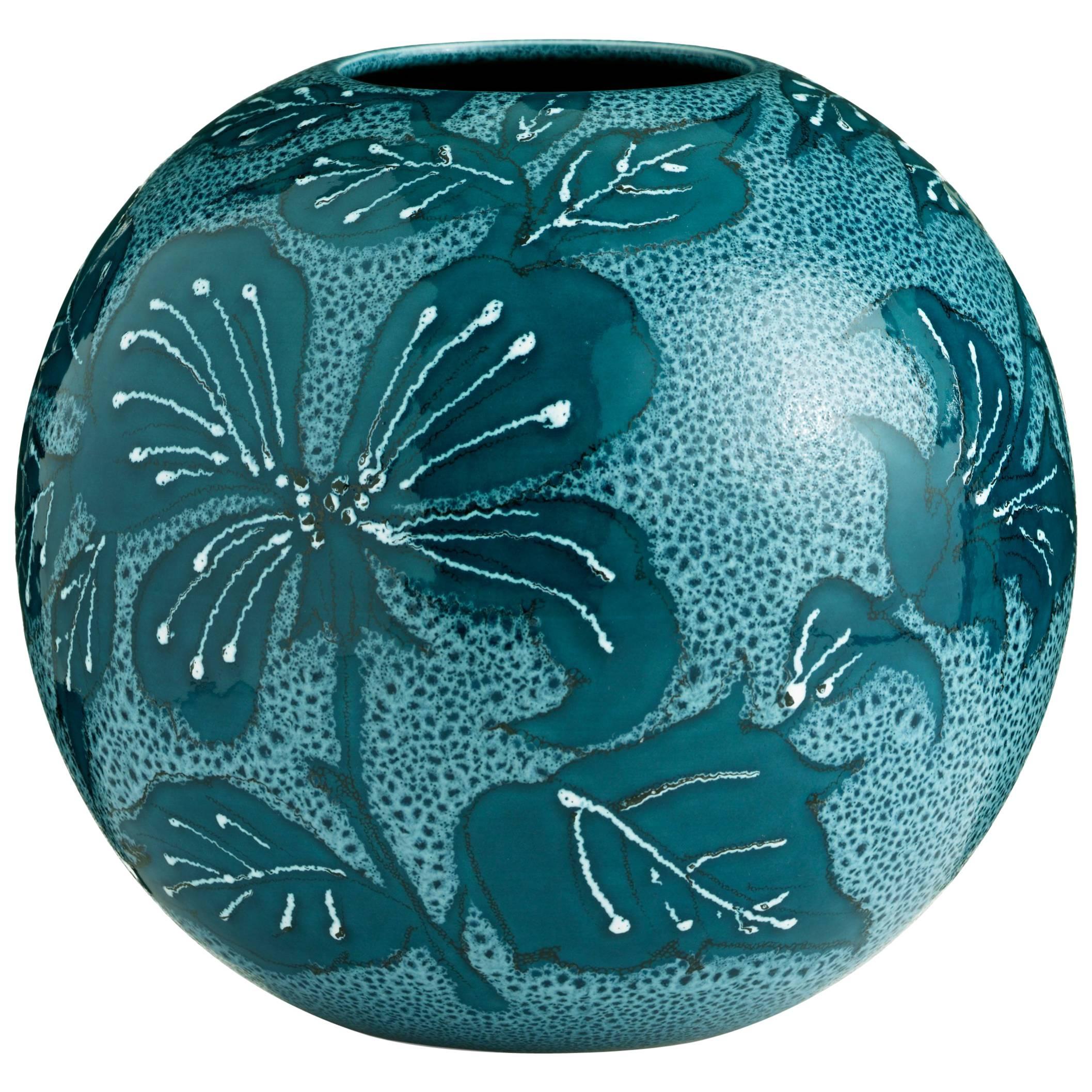 Medium Blue Hand-Painted Floral Vase For Sale at 1stDibs