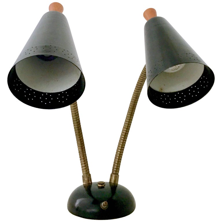 1950s Laurel Style Two Cone Goose Neck Metal and Brass Desk Lamp at ...