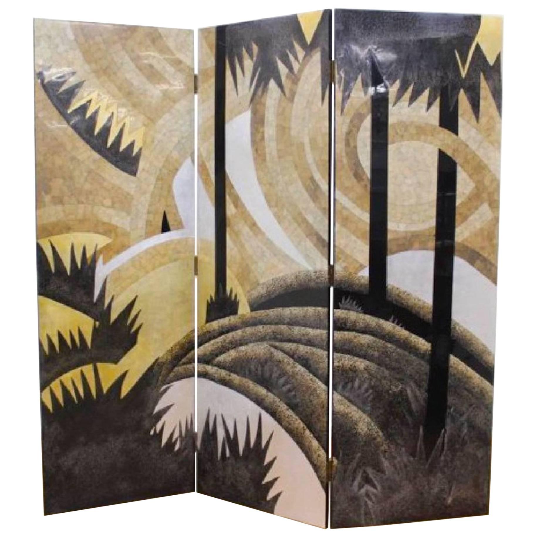 Art Deco Style Egg Shell Lacquer Three-Panel Screen in the Manner of ...