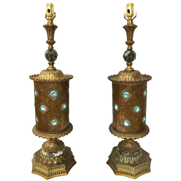 Pair of Moorish Brass Filigree Jeweled Lamps For Sale at 1stDibs