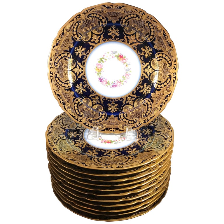 Opulent French Heavy Gilt and Cobalt Plates Set of 12 at 1stDibs