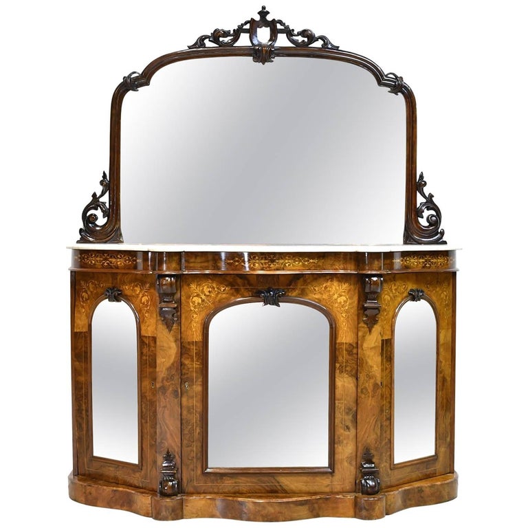 19th Century English Victorian Burl Walnut Console w/ White Marble Top ...