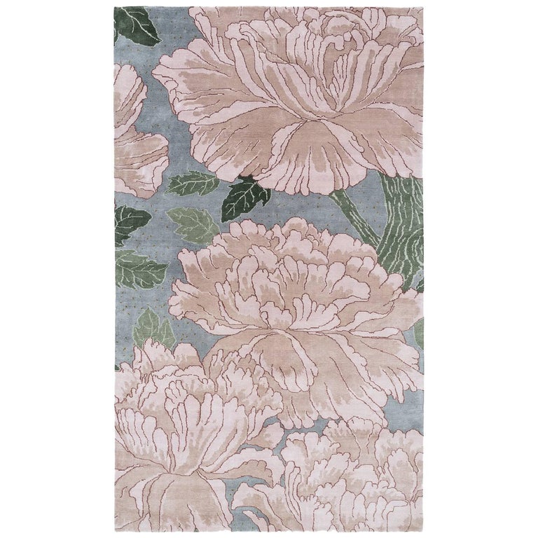 Classic Silk Floral Rug in Silver, Blue and Green by Joseph Carini ...