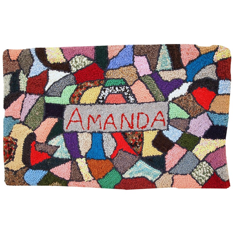Handmade Vintage American Primitive Hooked Rug, 1980s, 1C63 at 1stDibs