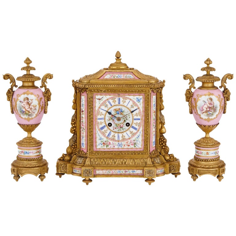 Gilt Bronze and Pink Sevres Style Porcelain Antique Clock Set For Sale ...
