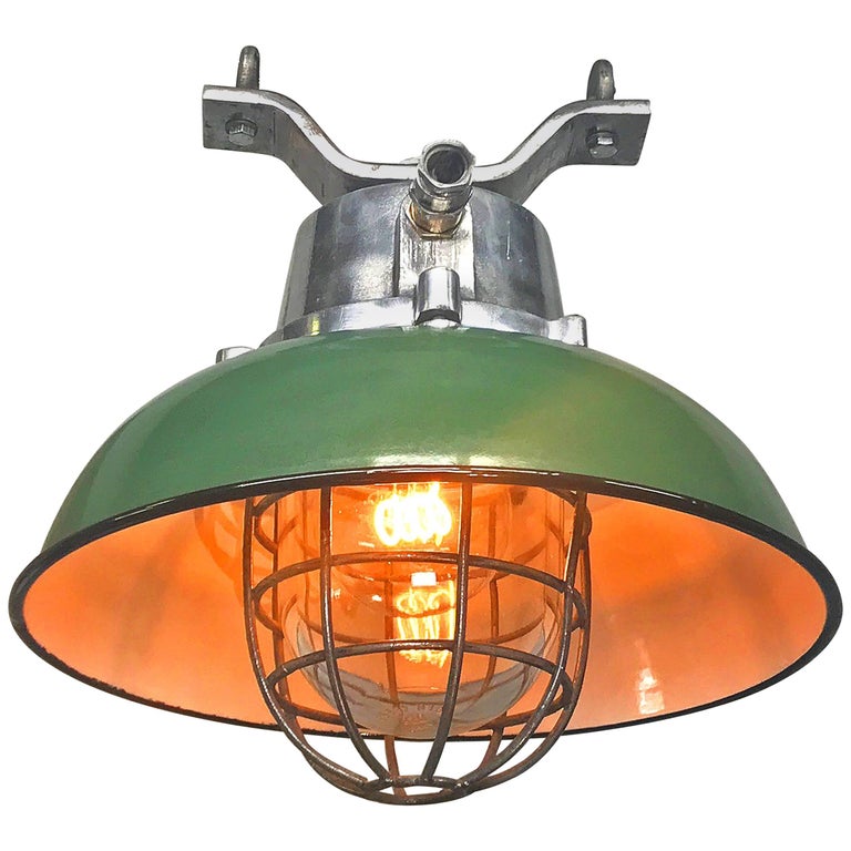 1970s British Explosion Proof Pendant with Green and White Enamel Shade ...