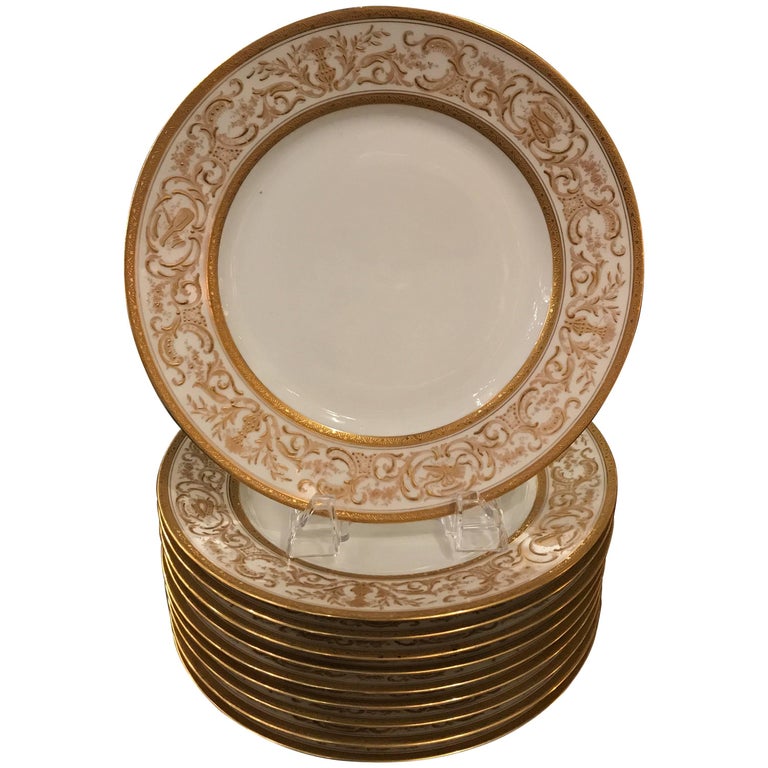 Set of Ten French Plates with Raised Gilt Borders For Sale at 1stDibs