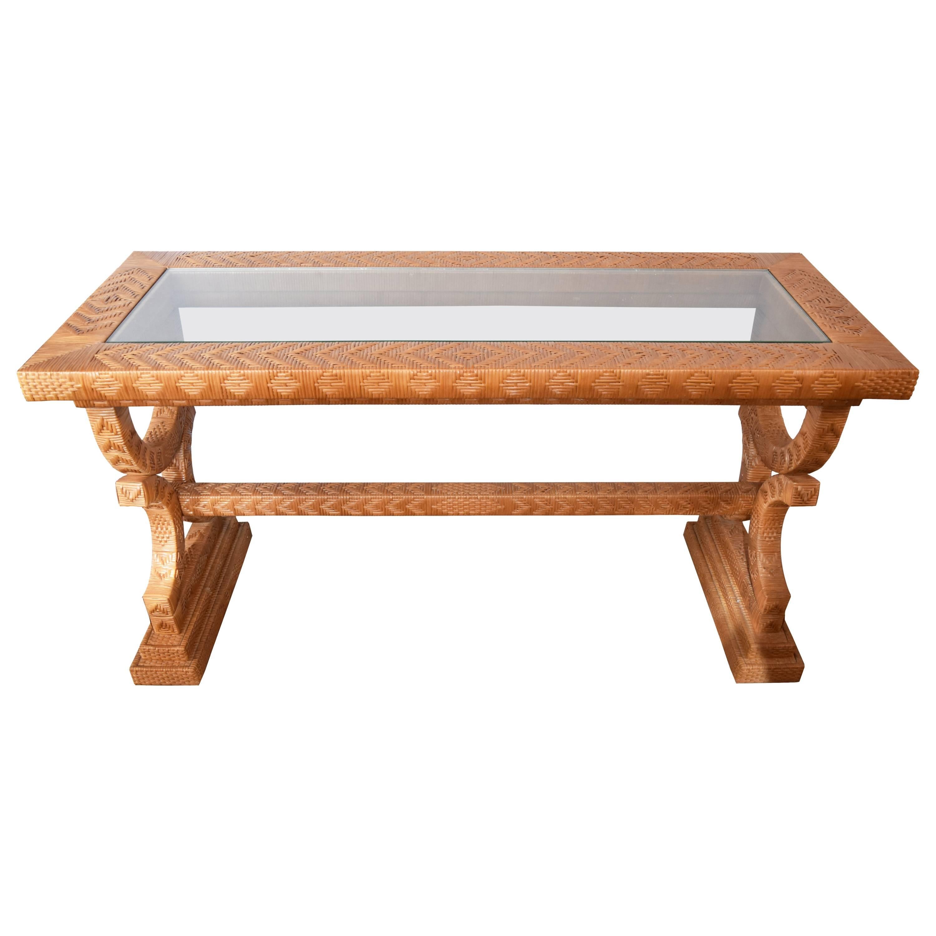 1980s Rattan Woven Console Table with Glass Top at 1stDibs